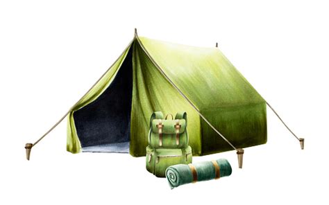 녹색 캠핑 텐트 하이킹 및 캠핑 배낭 롤업 담요 및 침낭 삽화가 있는 수채화 구성 레크리에이션 관광 및 광고를 위한