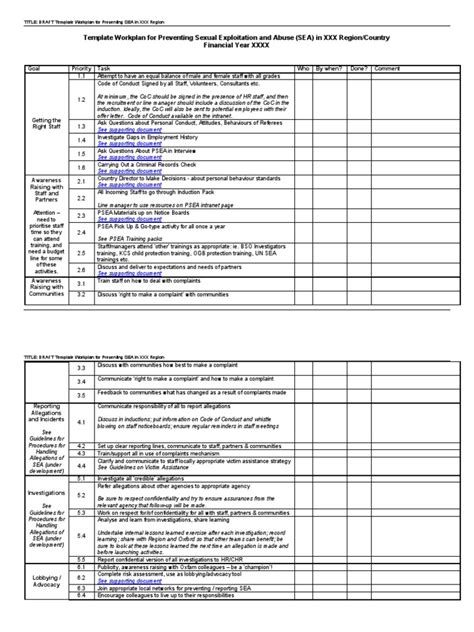 Template Workplan For Preventing Sea In Xxx Region Pdf Justice