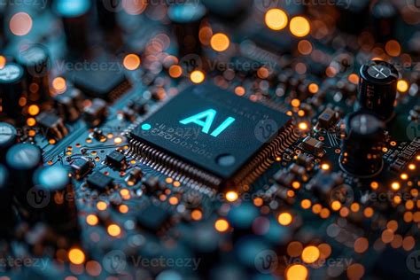 AI Generated Microchip With AI Logo Text Irradiating Pulse Of Blue Energy To Other Circuits