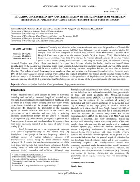 Pdf Isolation Characterization And Determination Of Prevalence Rate Of Methicilin Resistance