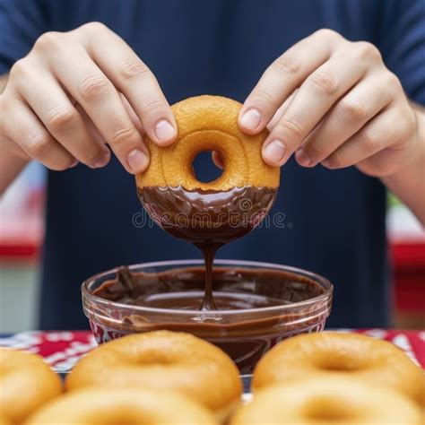 A Closeup Shot Of Hands Dipping A Freshly Made Golden Donut Into Rich