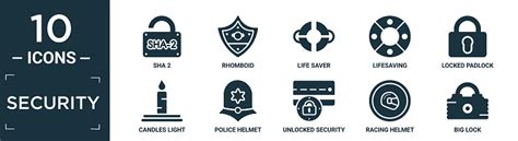 채워진 보안 아이콘이 설정되었습니다 플랫 Sha 2 마름모꼴 생명의 은인 인명 구조 잠긴 자물쇠 촛불 빛 경찰 헬멧 Cit 거래의 잠금 해제 보안 레이싱 헬멧 큰 잠금