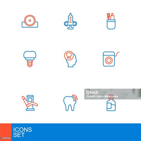 라인 구강 세정제 부러진 치아 의료용 치과 의자 치실 임플란트 치통 칫솔 및 치약 및 주사기 아이콘을 설정합니다 벡터 가공의