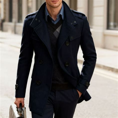 Dafpzw Mens Double Breasted Pea Coat Classic Stand Collar Wool Blend