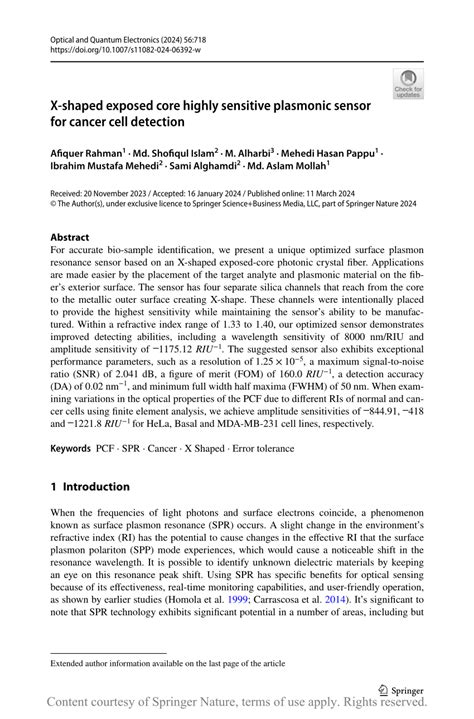 X Shaped Exposed Core Highly Sensitive Plasmonic Sensor For Cancer Cell