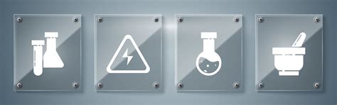 모르타르와 유봉 시험관 및 플라스크 화학 물질 고전압 기호 및 시험관 및 플라스크 화학 물질을 설정합니다 정사각형 유리 패널 벡터 0명에 대한 스톡 벡터 아트 및 기타