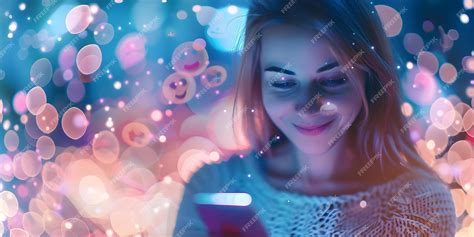 Woman Immersed In Phone With Emojis Representing Instant Gratification