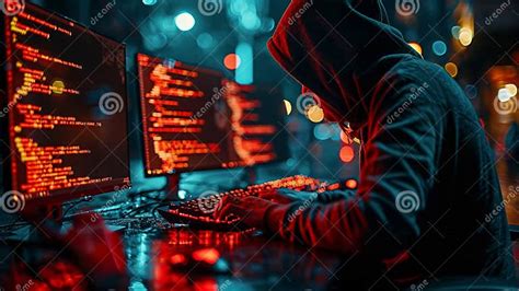 A Hacker Wearing A Hoodie Seated In Front Of A Monitor Ai Generated Stock Illustration