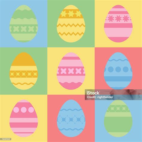 사각형의 배경에 색깔의 고립 된 부활절 달걀의 집합입니다 추상적인 스트라이프 패턴 간단한 플랫 벡터 그림입니다 엽서 광고 잡지의 장식에 적합 4월에 대한 스톡 벡터 아트 및