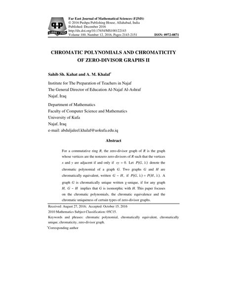 Pdf Chromatic Polynomials And Chromaticity Of Zero Divisor Graphs Ii