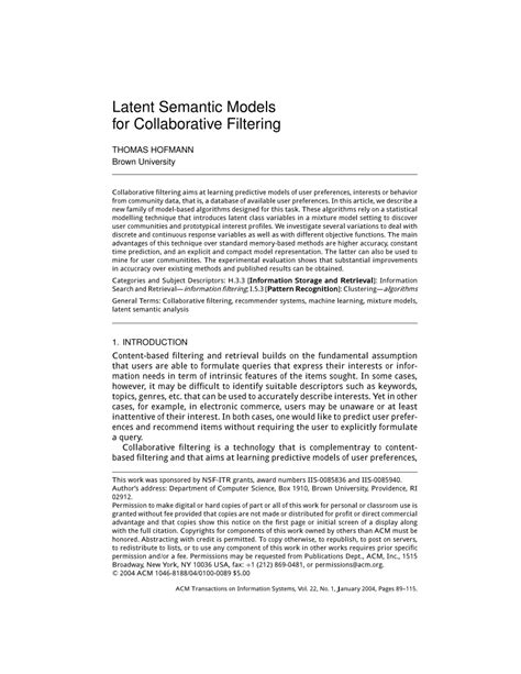 Pdf Hofmann T Latent Semantic Models For Collaborative Filtering Acm Trans Inf Syst