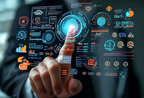 Hand Interacts With Futuristic Interface Visualizing Data Analytics And Connectivity Premium