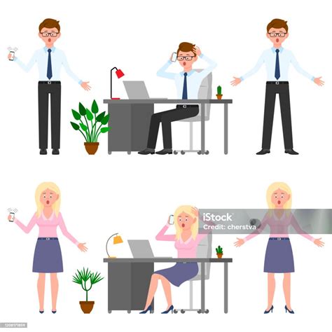 놀라움 충격 깜짝 놀라게 두통 사무실 남자와 여자 벡터 일러스트 스트레스 걱정 긴장 무서워 스마트 폰 소년과 흰색에 설정 소녀 만화 캐릭터에 이야기 가공의 인물에 대한 스톡