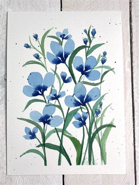 Original Blue Wildflower Watercolor Painting Botanical Wall Art 55x8