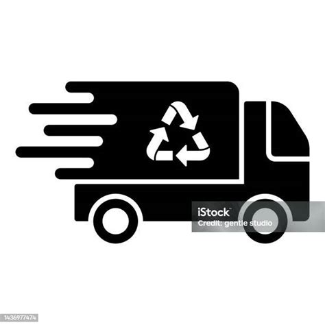 재활용 기호가 있는 빠른 쓰레기 트럭 실루엣 아이콘입니다 폐기물 처리를 위한 차량 운송 글리프 픽토그램 쓰레기 운송 생태 서비스 산업 기호입니다 고립된 벡터 그림 가방에
