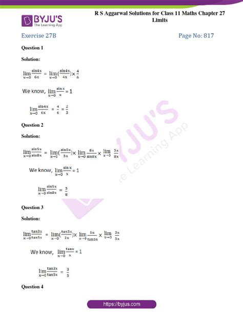 r s aggarwal solution class 11 maths chapter 27 limits exercise 27b pdf