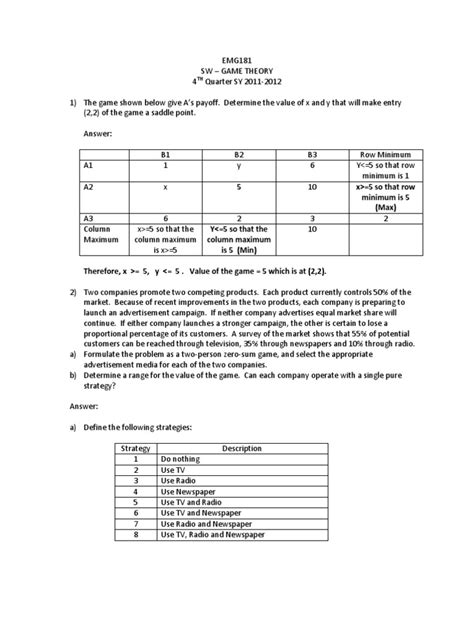 Sw Game Theory Pdf Game Theory Linear Programming