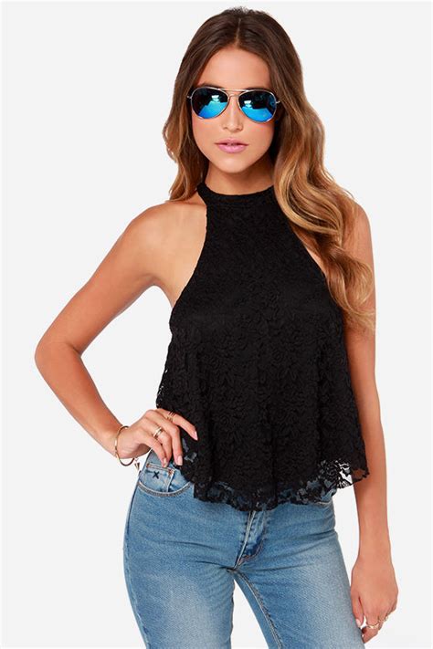 Black Lace Top Halter Top Crop Top 2900