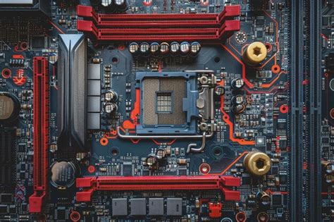Computer Motherboard With Complex Circuits And Microchips Focused On Technology Premium Ai