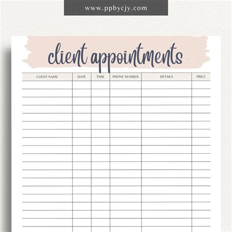 Client Appointment Log Printable Template Track Schedule And Manage
