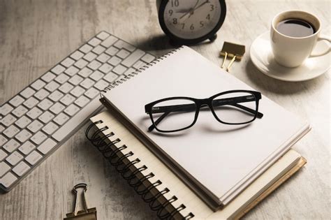 Premium Photo Notepad Glasses Keyboard And Clock