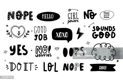 소셜 미디어 소셜 스티커 레터링 배지 이모티콘 아이콘 Nope와 트렌디 한 텍스트 예 그것을 할 좋은 동기 부여 문구 소리 이모티콘에 대한 스톡 벡터 아트 및 기타 이미지