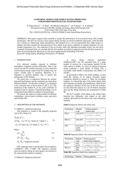 Pdf Comparing Models For Energy Rating Prediction For Diverse Photovoltaic Technologies