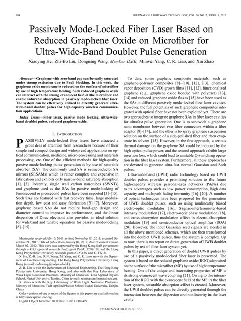 Pdf Passively Mode Locked Fiber Laser Based On Reduced Graphene Oxide