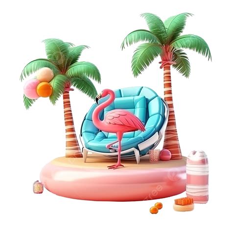 해변 의자가 있는 3d 여름 바다 해변 풍선 플라밍고 구명부표 물 튀김 야자나무 격리된 여름 여행 개념 3d 렌더링 그림 3d
