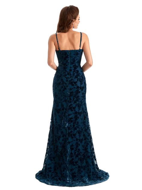 Sexy Side Slit Spaghetti Straps V Neck Mermaid Lace Velvet Long