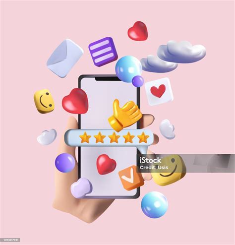 가상 소셜 네트워킹 플랫폼을 위한 혁신적인 3d 개념입니다 한 손이 스마트폰을 잡고 다양한 인터랙티브 아이콘 이모티콘 댓글 하트