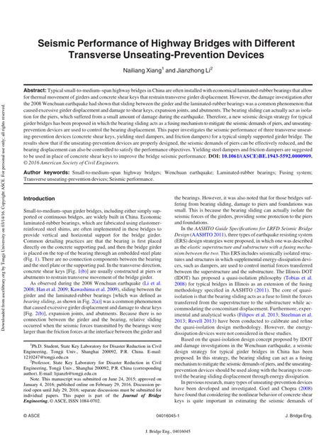 Pdf Seismic Performance Of Highway Bridges With Different Transverse Unseating Prevention Devices