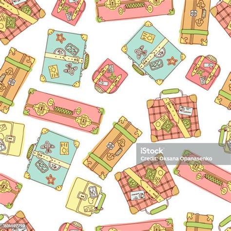 여행을 위한 밝은 여행 가방의 패턴입니다 기내 수하물 가방 엔터테인먼트 다른 나라로 이사 벡터 그림 원활한 패턴 가방에 대한 스톡 벡터 아트 및 기타 이미지 Istock