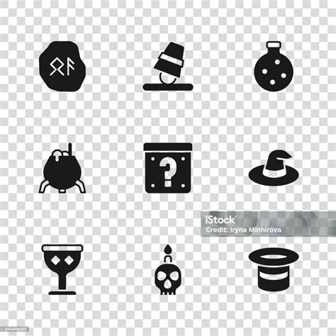 해골 마녀 모자 마법 미스터리 박스 물약 룬 게임 골무 및 가마솥 아이콘이 담긴 병에 불타는 촛불을 설정하세요 벡터 미스터리에 대한 스톡 벡터 아트 및 기타 이미지 Istock