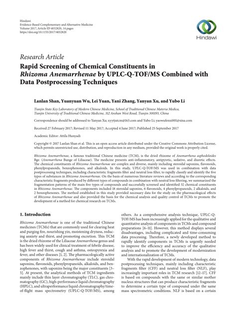 Pdf Rapid Screening Of Chemical Constituents In Rhizoma Anemarrhenae