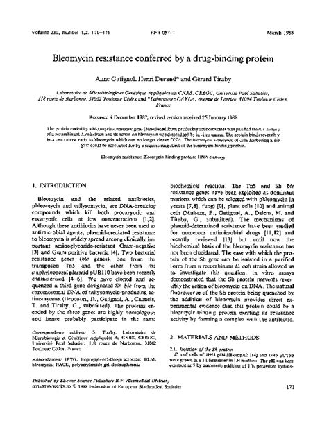 Pdf Bleomycin Resistance Conferred By A Drug Binding Protein