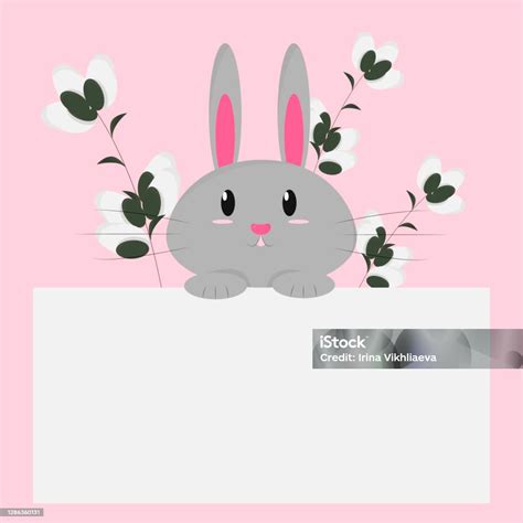 귀여운 토끼와 버드 나무와 인사말 카드에 대한 템플릿 부활절 테마 벡터 플랫 만화 스타일 텍스트 축하 또는 초대장을 위한 장소를 마련하십시오 4월에 대한 스톡 벡터 아트 및