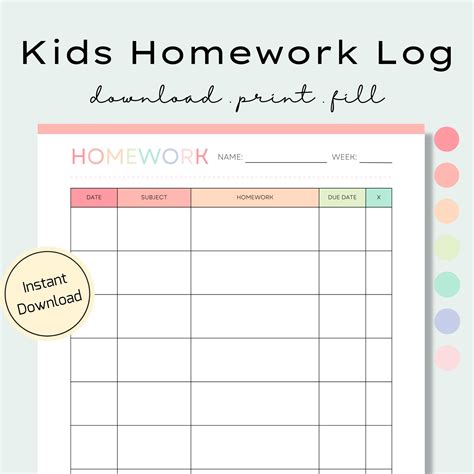 Homework Checklist Printable Weekly Homework Log Homework Planner