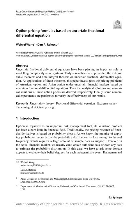 Option Pricing Formulas Based On Uncertain Fractional Differential Equation Request Pdf
