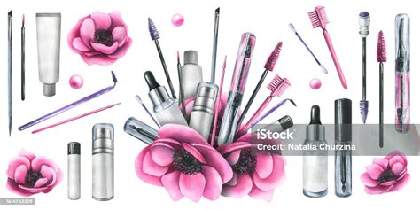 화장품 세트 속눈썹과 눈썹 용 브러쉬 젤 크림 및 분홍색 아네모네 꽃이 든 세럼 손으로 그린 수채화 그림은 상점 전단지 가격표