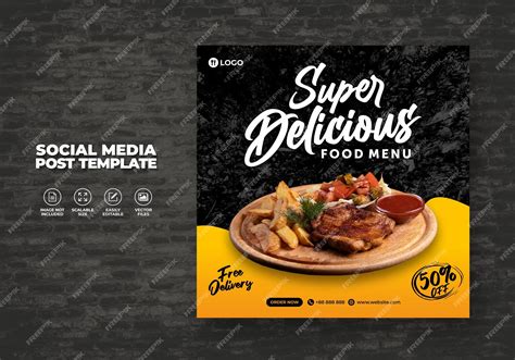 소셜 미디어 포스트 프로모션 템플릿을 위한 음식 메뉴 레스토랑 프로모션 프리미엄 벡터