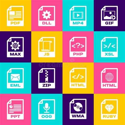 Set Ruby File Document Html Xsl Mp4 Js And Max Icon Vector Stock