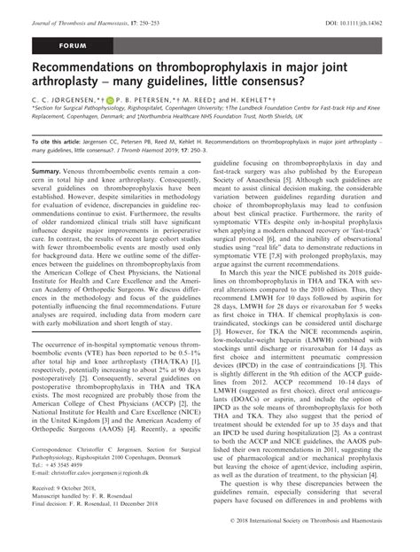 Pdf Recommendations On Thromboprophylaxis In Major Joint Arthroplasty Many Guidelines