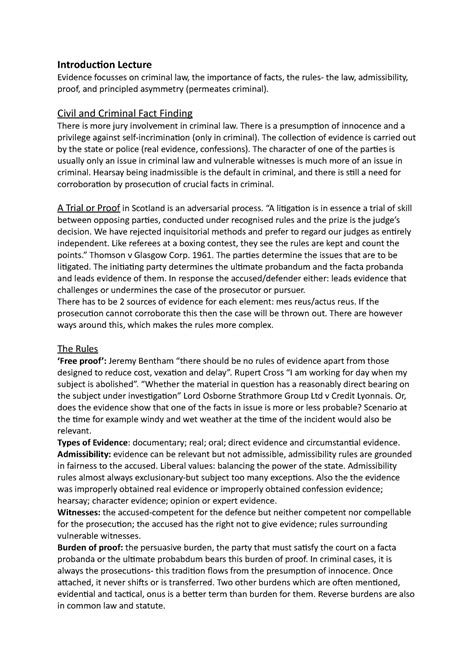 Evidence Lecture Notes 1 10 Introduction Lecture Evidence Focusses On Criminal Law The