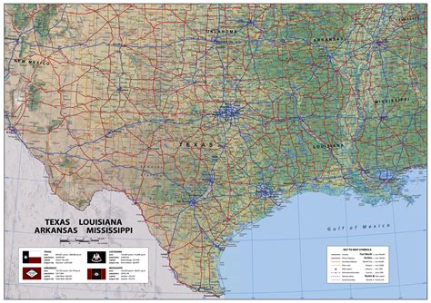 Texas Louisiana Arkansas And Mississippi Physical State Map I Love Maps