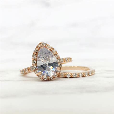 200ct Pear Shape Halo Ring Set Pear Proposal Ring Teardrop Wedding