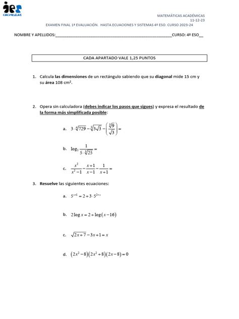 Examen 1 Ecuaciones Y Sistemas Pdf