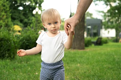 예쁜 백인 아기 소녀는 녹색 공원에서 카메라를보고 부모의 손을 잡고 아이는 야외에서 부모와 함께 시간을 보내고 행복한 아이와 어린 시절의 개념 2명에 대한 스톡 사진 및