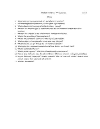 Cell Membrane Ppt Questions Chap PDF