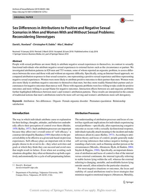 Sex Differences In Attributions To Positive And Negative Sexual Scenarios In Men And Women With